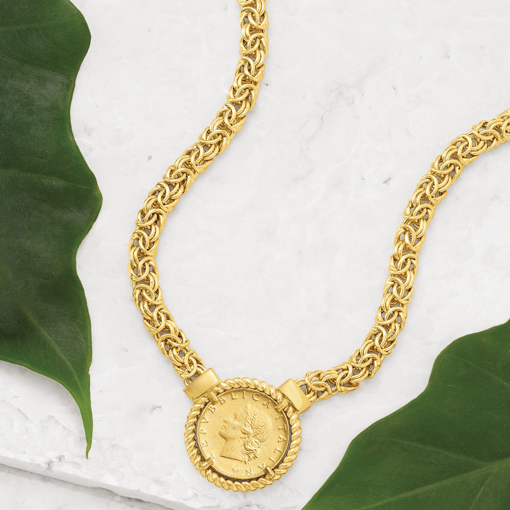 Ross-Simons Italian 18kt Gold Over Sterling Replica Lira Coin Byzantine Necklace. 18 inches