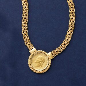 Ross-Simons Italian 18kt Gold Over Sterling Replica Lira Coin Byzantine Necklace. 18 inches