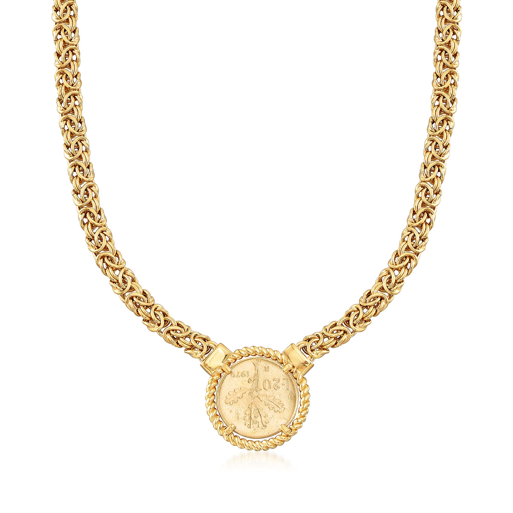 Ross-Simons Italian 18kt Gold Over Sterling Replica Lira Coin Byzantine Necklace. 18 inches