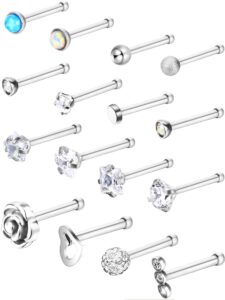 jovitec stainless steel nose stud set steel nose ring rose ball labret body piercing jewelry for party wear or clothes matching, 20 g (16 pieces, bone stud)