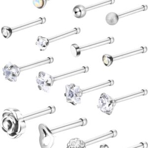 JOVITEC Stainless Steel Nose Stud Set Steel Nose Ring Rose Ball Labret Body Piercing Jewelry for Party Wear or Clothes Matching, 20 G (16 Pieces, Bone Stud)