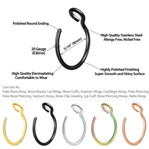 VELCARE 5 Pcs Nose Rings Hoop 20 Gauge Non Piercing Stainless Steel Clip-on Fake Septum Nose Hoop Ring Studs Earrings Piercings for Women Men