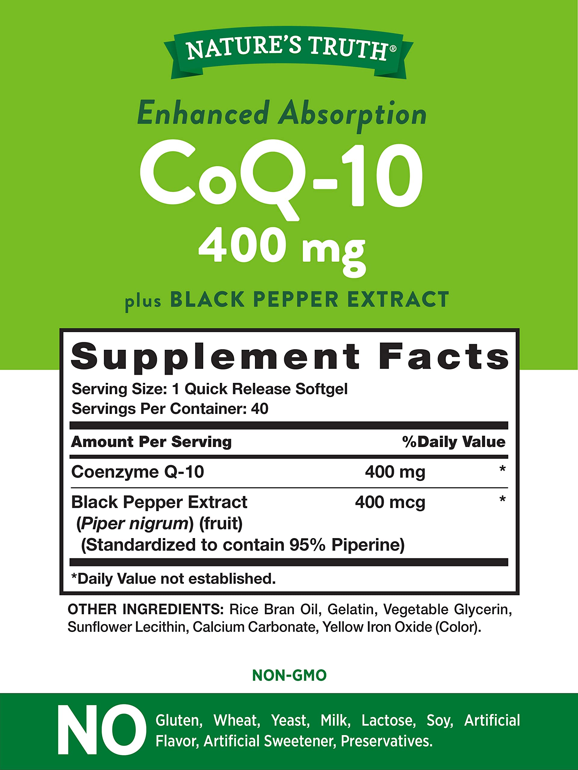 Nature's Truth Co-Q10 400mg | 40 Softgels | Maximum Strength Supplement | Enhanced Absorption | Non-GMO, Gluten Free