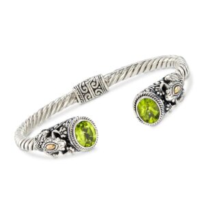 ross-simons 3.00 ct. t.w. peridot bali-style frog cuff bracelet in 2-tone sterling silver. 7 inches