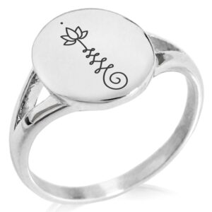 tioneer stainless steel sacred lotus unalome symbol minimalist oval top polished statement ring, size 7