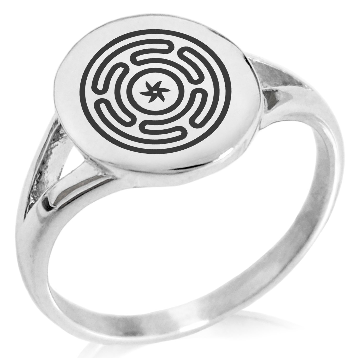 Tioneer Jewelry | Stainless Steel Symbol Initial Ring | Minimalist Oval Top Ring for Men & Women | Stainless Steel Jewelry, Hecate, Greek Goddess of Magic, Size 8