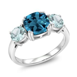 gem stone king 925 sterling silver london blue topaz and sky blue topaz 3 stone engagement ring for women (3.74 cttw, gemstone birthstone, cushion 8mm, available in size 5,6,7,8,9)