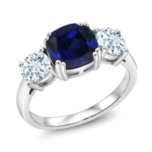 gem stone king 925 sterling silver blue created sapphire and sky blue aquamarine 3 stone engagement ring for women | 3.50 cttw | cushion 8mm | available in size 5,6,7,8,9