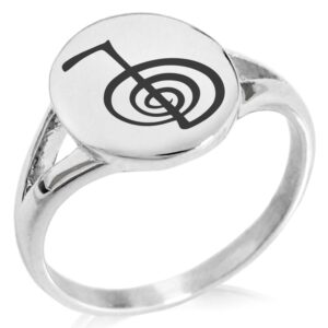 tioneer stainless steel reiki cho ku rei power symbol minimalist oval top polished statement ring, size 8