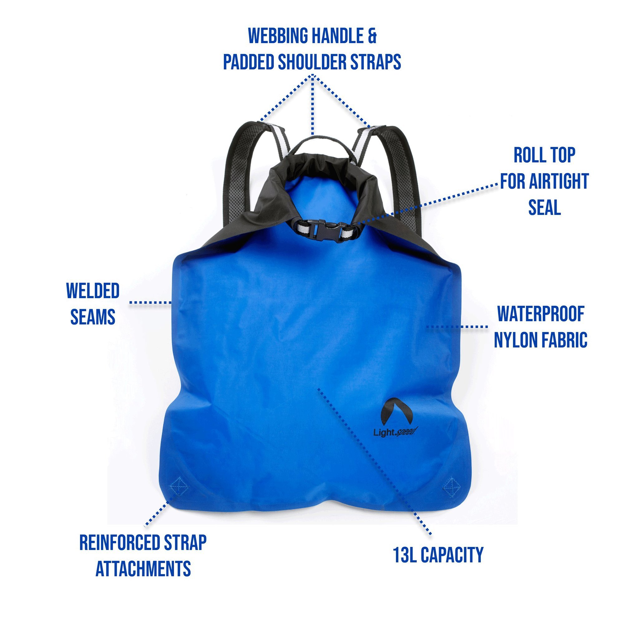 Lightspeed Outdoors Simple Dry Backpack | High and Dry Rolltop Drybag Backpack for Outdoors | Waterproof Dry Bag Backpack for Kayaking | Fully Welded Construction with 13L Capacity | Classic Blue