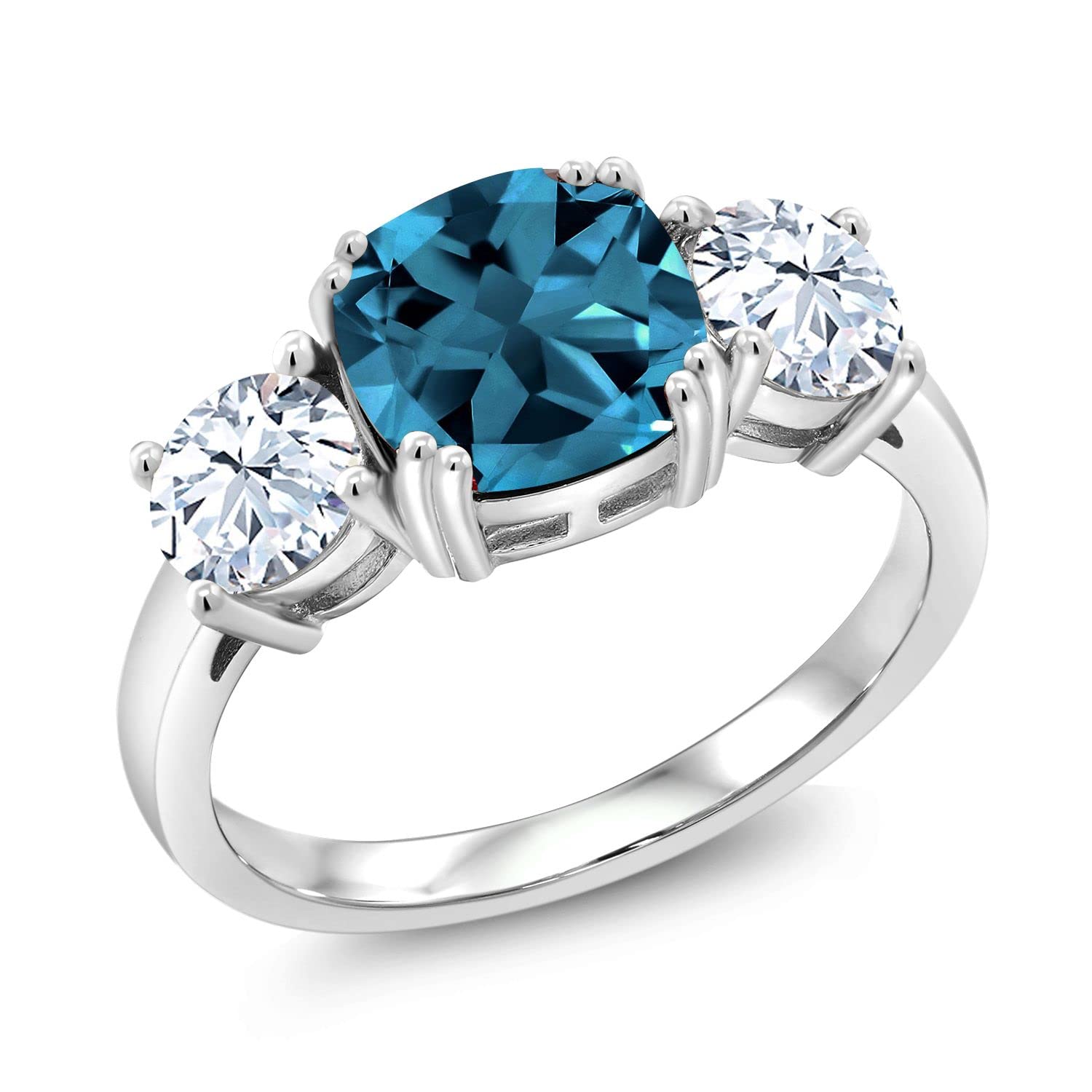 Gem Stone King 925 Sterling Silver London Blue Topaz and White Zirconia 3 Stone Engagement Ring For Women | 4.24 Cttw | Gemstone Birthstone | Cushion 8MM | Available in Size 5,6,7,8,9