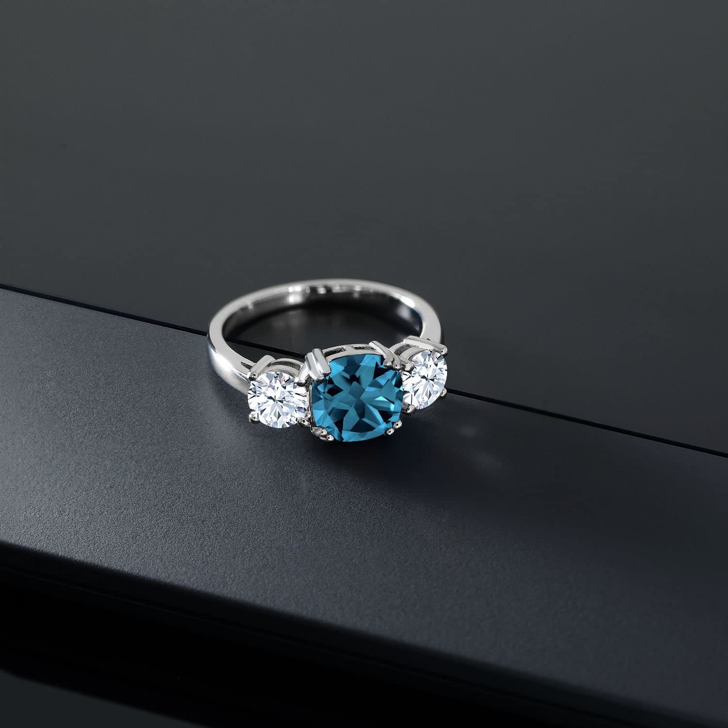 Gem Stone King 925 Sterling Silver London Blue Topaz and White Zirconia 3 Stone Engagement Ring For Women | 4.24 Cttw | Gemstone Birthstone | Cushion 8MM | Available in Size 5,6,7,8,9