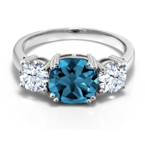 Gem Stone King 925 Sterling Silver London Blue Topaz and White Zirconia 3 Stone Engagement Ring For Women | 4.24 Cttw | Gemstone Birthstone | Cushion 8MM | Available in Size 5,6,7,8,9