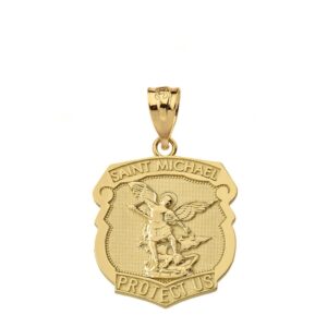 14k yellow gold saint michael protect us shield shaped medal pendant