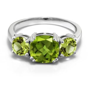 gem stone king 925 sterling silver green peridot 3 stone engagement ring for women (3.45 cttw, gemstone august birthstone, cushion 8mm, size 7)