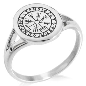 tioneer stainless steel icelandic vegvisir viking rune symbol minimalist oval top polished statement ring, size 7