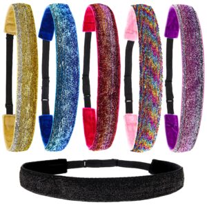 frog sac 6 glitter headbands for girls, adjustable non slip head bands for kids, cute sparkly stretch elastic hair accessories for gymnastics for teen girls, women