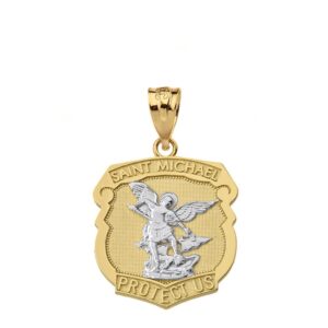 14k two-tone gold saint michael protect us shield shaped medal pendant