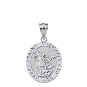 10k white gold oval engraved archangel saint michael pray for us medal pendant