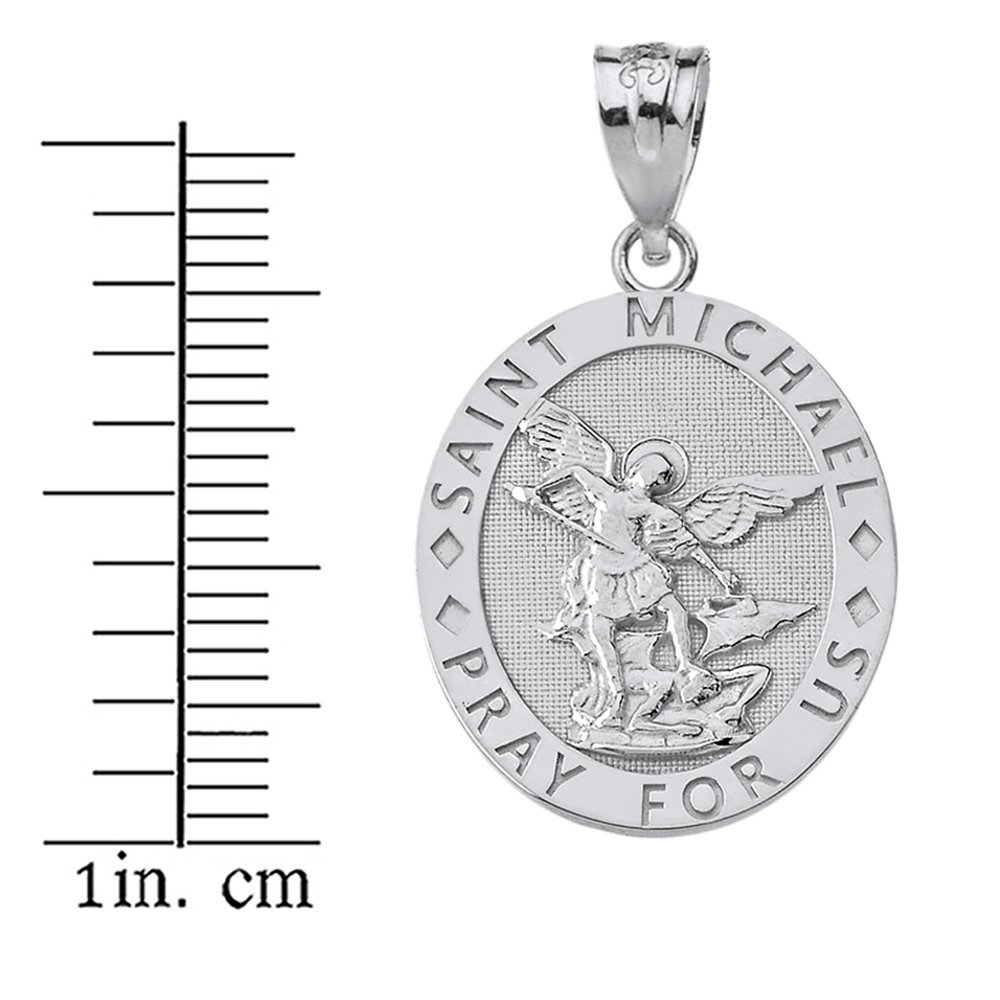 10k White Gold Oval Engraved Archangel Saint Michael Pray For Us Medal Pendant