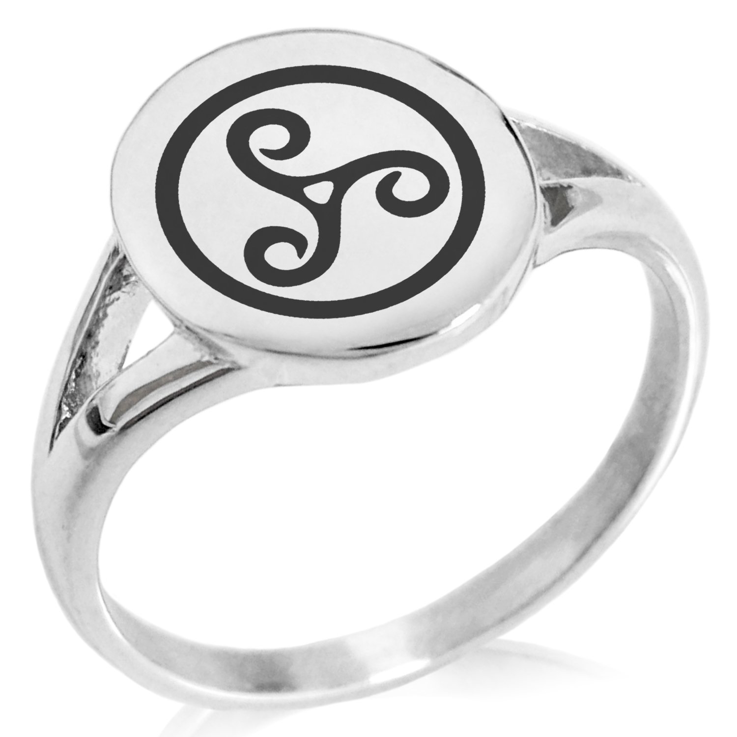 Stainless Steel Celtic Triskele Triskelion Symbol Minimalist Oval Top Polished Statement Ring, Size 8