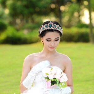 Frcolor Royal Crystal Tiara Green Rhinestone Queen Tiara Wedding Crown Princess Hair Accessories for Bridal (Emerald Color)