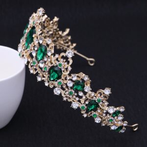 Frcolor Royal Crystal Tiara Green Rhinestone Queen Tiara Wedding Crown Princess Hair Accessories for Bridal (Emerald Color)