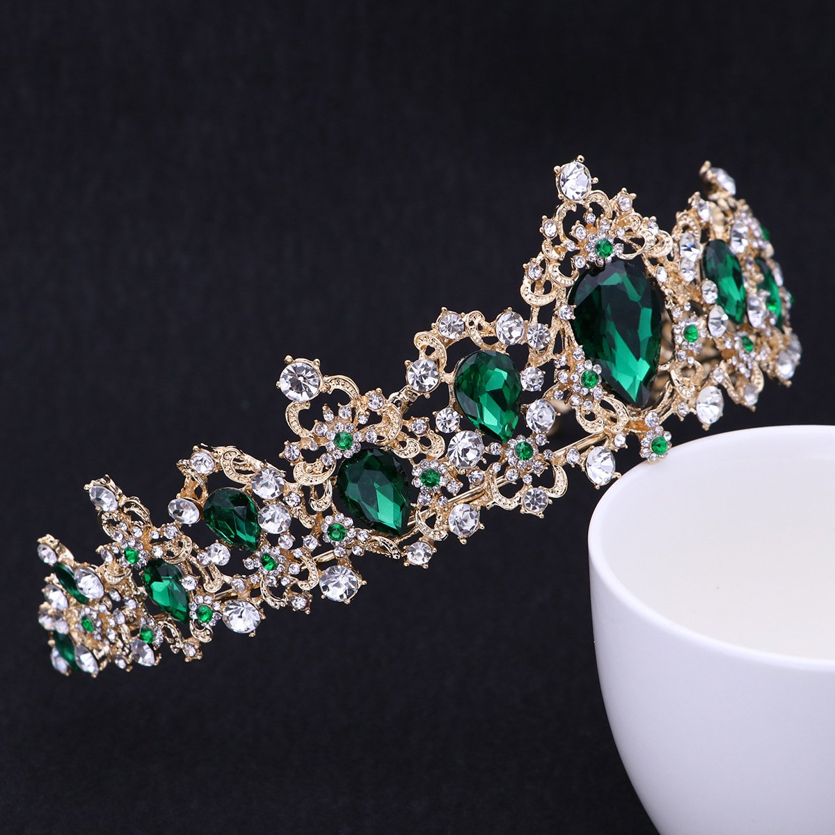 Frcolor Royal Crystal Tiara Green Rhinestone Queen Tiara Wedding Crown Princess Hair Accessories for Bridal (Emerald Color)