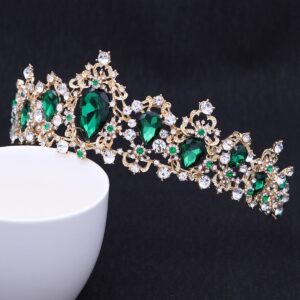 Frcolor Royal Crystal Tiara Green Rhinestone Queen Tiara Wedding Crown Princess Hair Accessories for Bridal (Emerald Color)