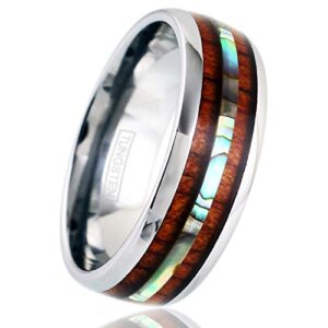 king's cross personalized engraved elegant 6mm/8mm silver tungsten wedding band w/beautiful koa wood & abalone inlays (tungsten (8mm), 12.5)