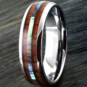 King's Cross Personalized Engraved Elegant 6mm/8mm Silver Tungsten Wedding Band w/Beautiful Koa Wood & Abalone Inlays (tungsten (8mm), 12.5)