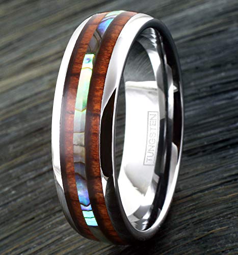 King's Cross Personalized Engraved Elegant 6mm/8mm Silver Tungsten Wedding Band w/Beautiful Koa Wood & Abalone Inlays (tungsten (8mm), 12.5)