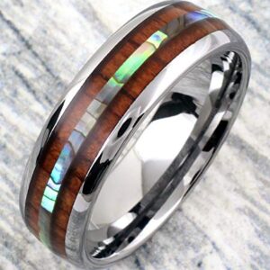 King's Cross Personalized Engraved Elegant 6mm/8mm Silver Tungsten Wedding Band w/Beautiful Koa Wood & Abalone Inlays (tungsten (8mm), 12.5)