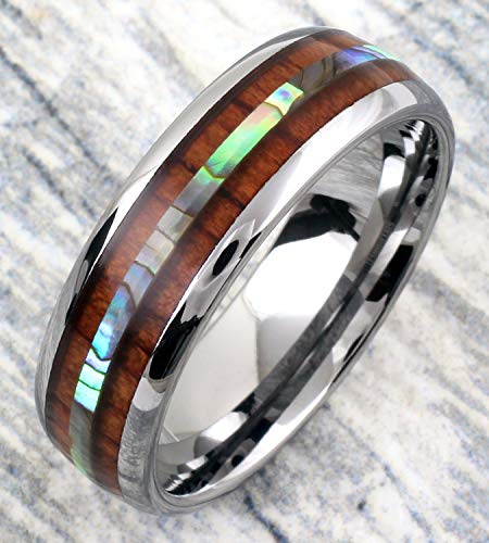 King's Cross Personalized Engraved Elegant 6mm/8mm Silver Tungsten Wedding Band w/Beautiful Koa Wood & Abalone Inlays (tungsten (8mm), 12.5)