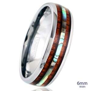 King's Cross Personalized Engraved Elegant 6mm/8mm Silver Tungsten Wedding Band w/Beautiful Koa Wood & Abalone Inlays (tungsten (8mm), 12.5)