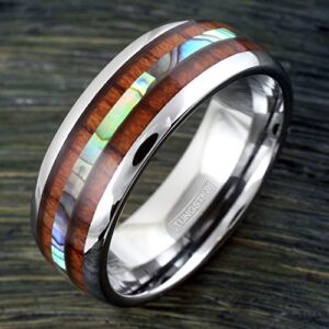 King's Cross Personalized Engraved Elegant 6mm/8mm Silver Tungsten Wedding Band w/Beautiful Koa Wood & Abalone Inlays (tungsten (8mm), 12.5)