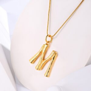 FOCALOOK Bamboo Initial Necklace for Women Oversize Letter M Pendant Statement 14K Gold Plated Necklaces…