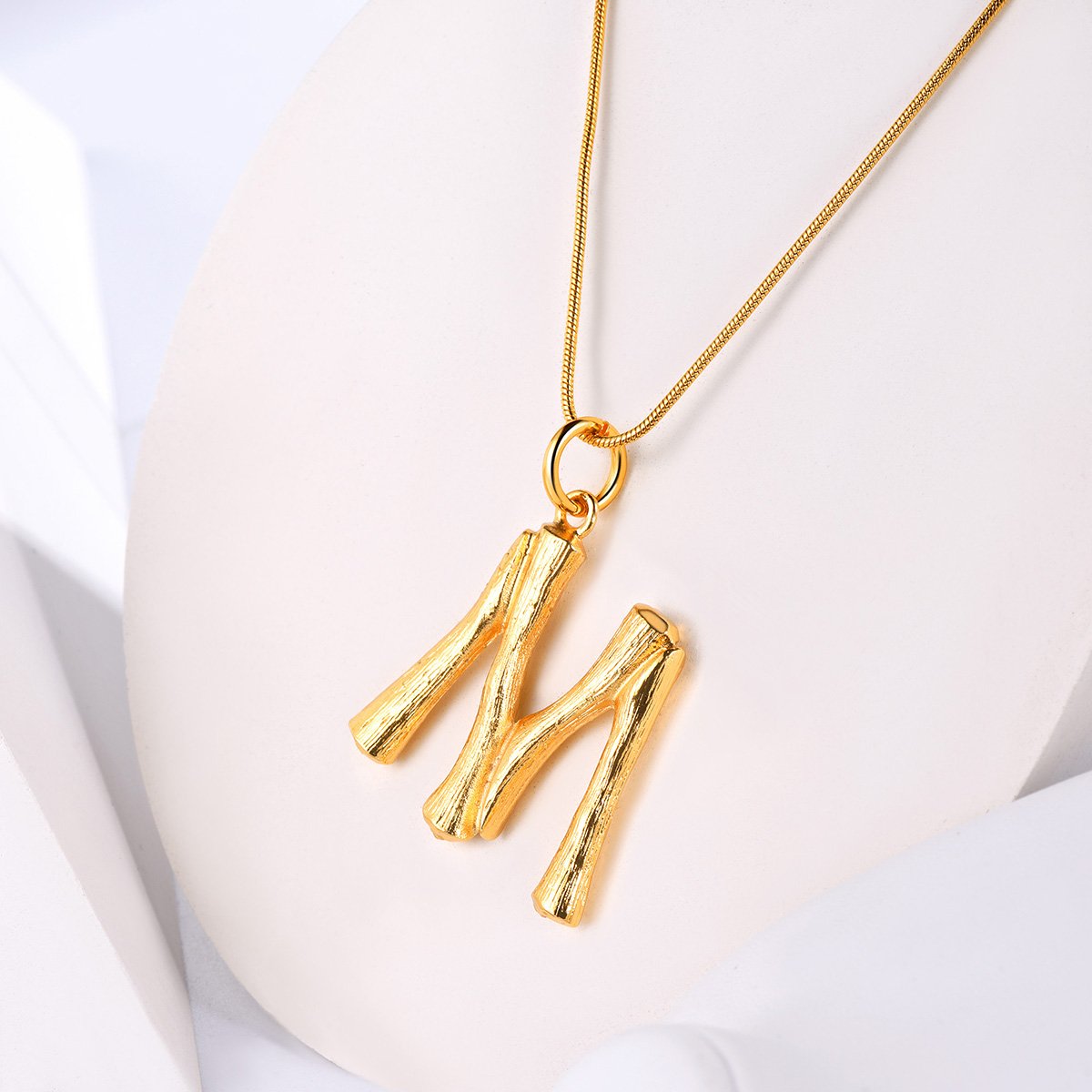 FOCALOOK Bamboo Initial Necklace for Women Oversize Letter M Pendant Statement 14K Gold Plated Necklaces…