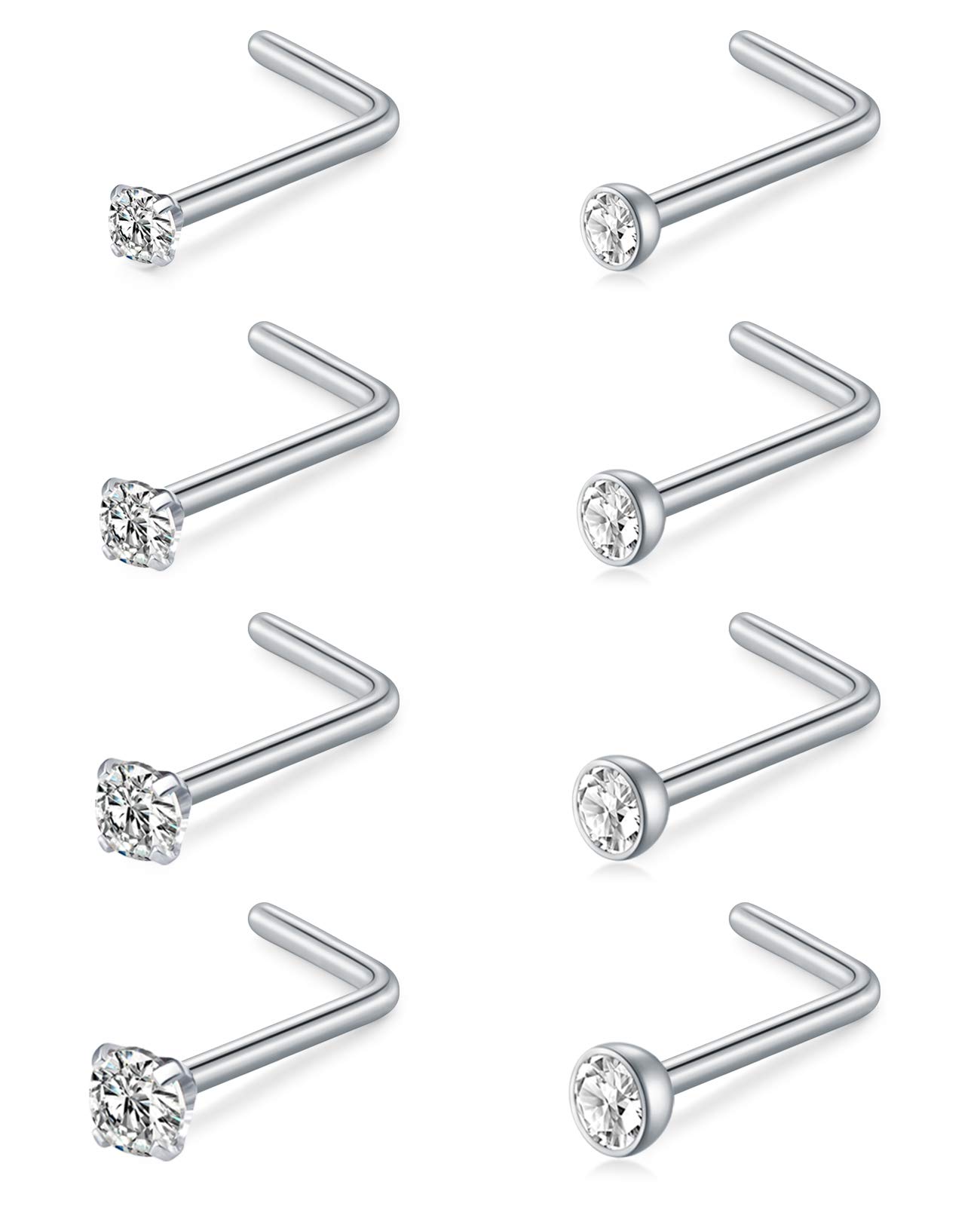 MODRSA Nose Studs for Women Men Silver Nose Ring Studs 18 gauge L Shaped Nose Screw Stainless Steel Diamond Nostril Piercing Stud