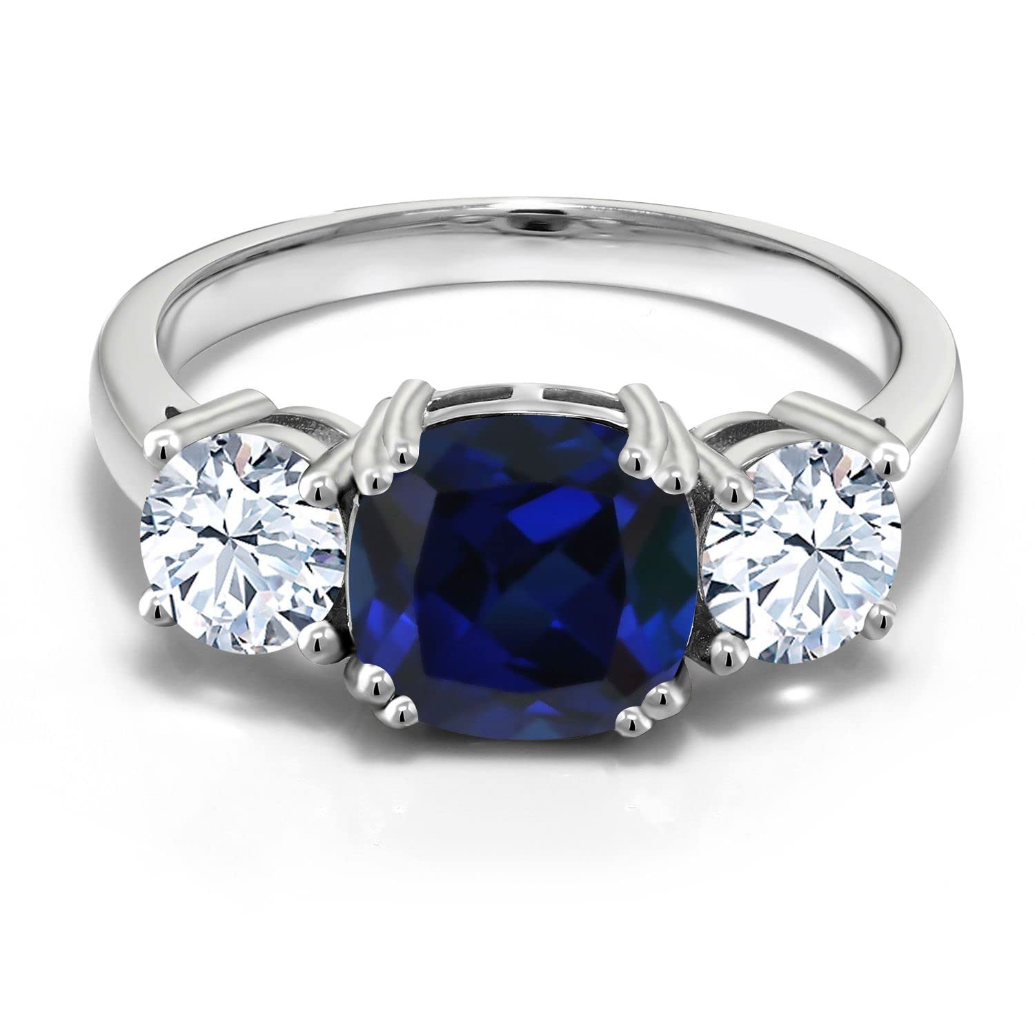 Gem Stone King 925 Sterling Silver Blue Simulated Sapphire and White Zirconia 3 Stone Engagement Ring For Women (4.00 Cttw, Gemstone September Birthstone, Cushion 8MM, Size 7)