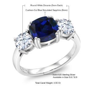 Gem Stone King 925 Sterling Silver Blue Simulated Sapphire and White Zirconia 3 Stone Engagement Ring For Women (4.00 Cttw, Gemstone September Birthstone, Cushion 8MM, Size 7)