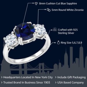 Gem Stone King 925 Sterling Silver Blue Simulated Sapphire and White Zirconia 3 Stone Engagement Ring For Women (4.00 Cttw, Gemstone September Birthstone, Cushion 8MM, Size 7)