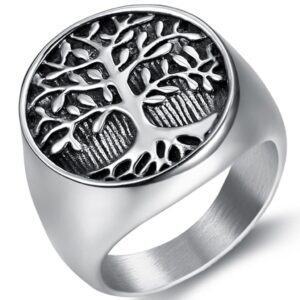 jude jewelers stainless steel tree of life round signet ring (silver, 11)