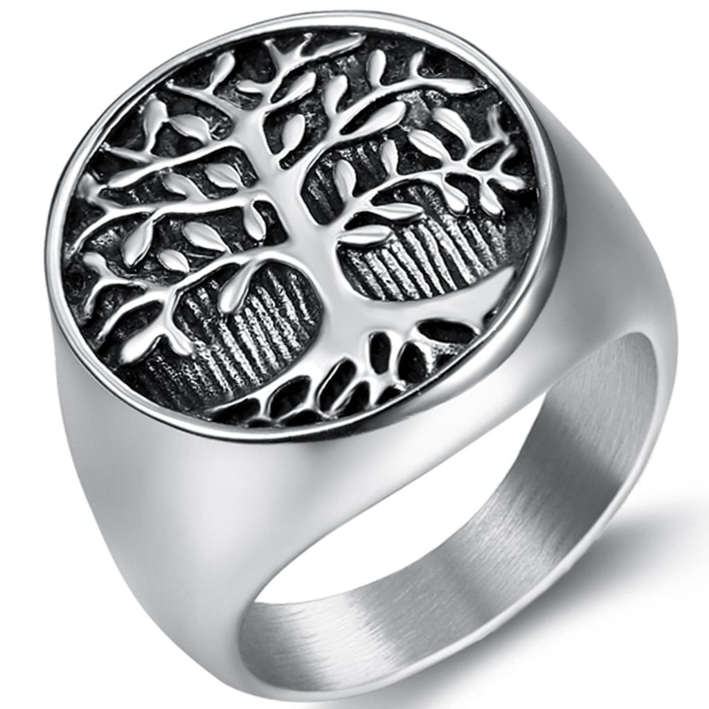 Jude Jewelers Stainless Steel Tree of Life Round Signet Ring (Silver, 11)