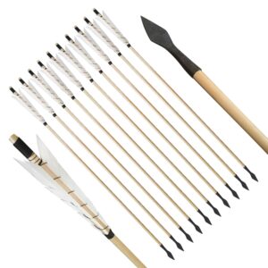 pg1archery archery hunting arrows, 12 pack traditional target wooden arrow 5" turkey feathers fletching with vintage broadheads tips white