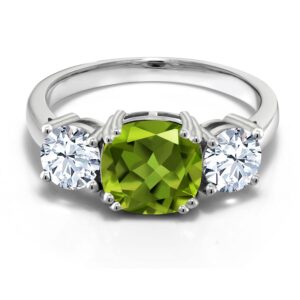 gem stone king 925 sterling silver green peridot and white zirconia 3 stone engagement ring for women (3.95 cttw, gemstone august birthstone, cushion 8mm, size 9)