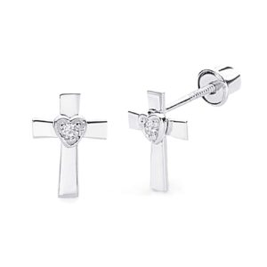 14k white gold cross stud earrings with screw back