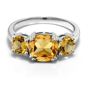 gem stone king 925 sterling silver yellow citrine 3 stone engagement ring for women (3.90 cttw, gemstone november birthstone, cushion 8mm, size 7)