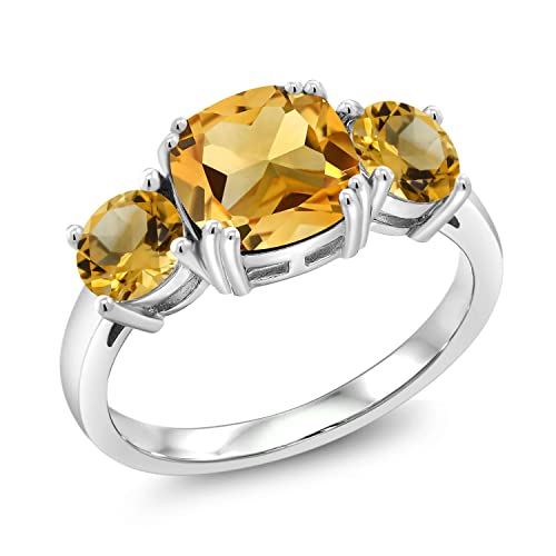 Gem Stone King 925 Sterling Silver Yellow Citrine 3 Stone Engagement Ring For Women (3.90 Cttw, Gemstone November Birthstone, Cushion 8MM, Size 7)