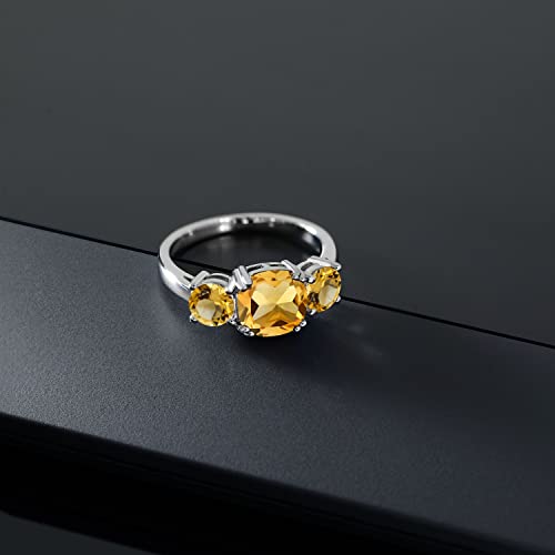 Gem Stone King 925 Sterling Silver Yellow Citrine 3 Stone Engagement Ring For Women (3.90 Cttw, Gemstone November Birthstone, Cushion 8MM, Size 7)